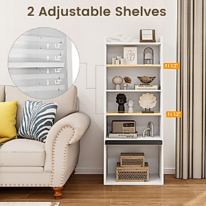 Giantex 6-Tier Bookcase, Freestanding Ladder Bookshelf with 2 Adjustable Shelves & Flip Up Door, Multifunctional Display Stand with Anti-Tipping Kit for Living Room Bedroom Home Office, White