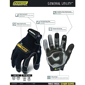 Ironclad General Utility Work Gloves GUG, All-Purpose, Performance Fit, Durable, Machine Washable, Sized X-Small, (1 Pair) Black