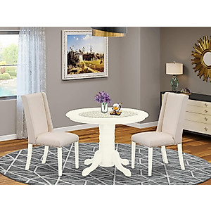 East West Furniture SHFL3-WHI-01 3 Piece Dining Room Table Set Contains a Round Kitchen Table with Pedestal and 2 Cream Linen Fabric Parson Dining Chairs, 42x42 Inch, Linen White