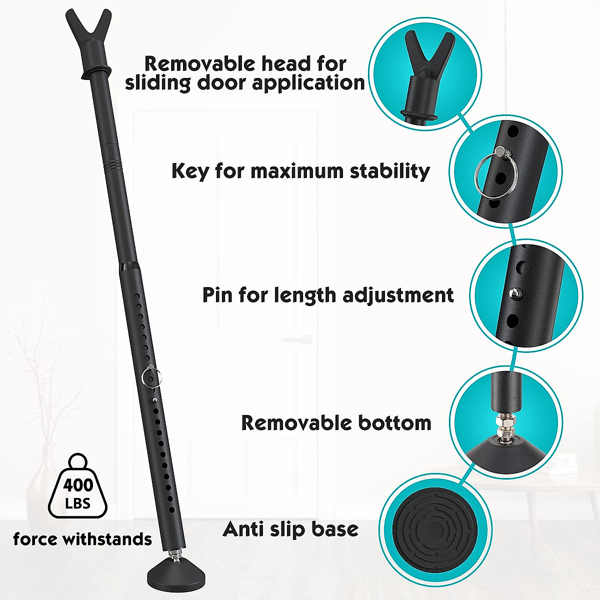 Sliding Door Security Bar,19 to 52 Inch,3 in 1 Door Stopper Barricade Security Bar onto Door Knob,Sliding Glass Door Lock Bar for Patio Door,Sliding Door,Window,Removable Security Jammer Bar