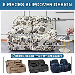 CRFATOP Printed Recliner Chair Slipcover with Pockets 2 Seat Recliner Sofa Covers 6-Pieces Lazy Boy Chair Cover Fallon Collection Slipcover for Recliner with Elastic Bottom,01