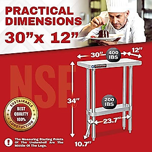 Food Prep Stainless Steel Table - DuraSteel 30 x 12 Inch Commercial Metal Workbench with w/Die Cast Corner Brackets - NSF Certified - For Restaurant, Warehouse, Home, Kitchen, Garage