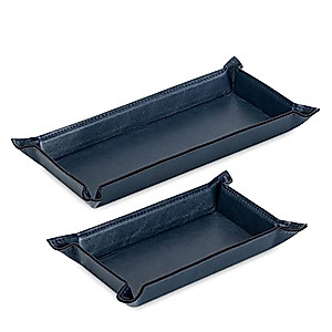 Navaris Faux Leather Tray Set - 2 Valet Organizer Trays for Bedside Table, Night Stand, Desk - Store Keys, Change, Wallet, Phone, Glasses - Navy Blue