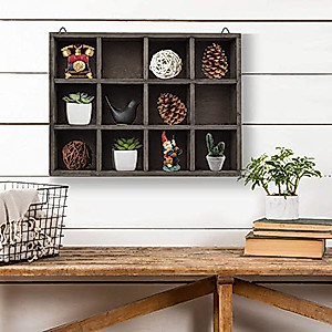 Flexzion Floating Shelf - Brown Wood Wall Mounted Freestanding Shelving Unit Wooden Wall Shelf 12 Compartment Slot Shadow Box, Showcase Display Organizer Shelf Vertical/Horizontal