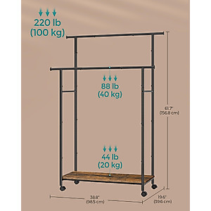 SONGMICS Clothes Rack with Wheels, Double-Rod Clothing Rack for Hanging Clothes, 38.8 Inches Garment Rack with Shelf, Loads up to 220 lb, for Bedroom, Closet, Rustic Brown and Ink Black UHSR152B01