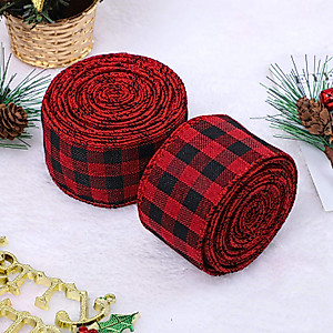 URATOT 2 Rolls Red and Black Plaid Burlap Ribbon Wired Ribbon Christmas Wrapping Ribbon for Christmas Crafts Decoration, Floral Bows Craft, 472 by 1.9 Inches
