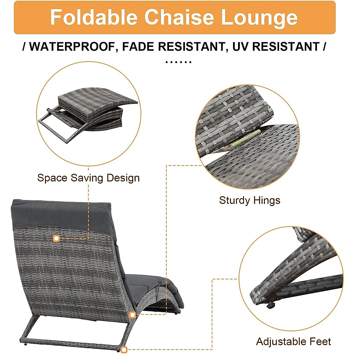 JOIVI Patio Chaise Lounge, Outdoor Lounge Chair, PE Rattan Folding Chaise Lounger with Removable Dark Gray Cushion, Suitable for Poolside, Garden, Balcony