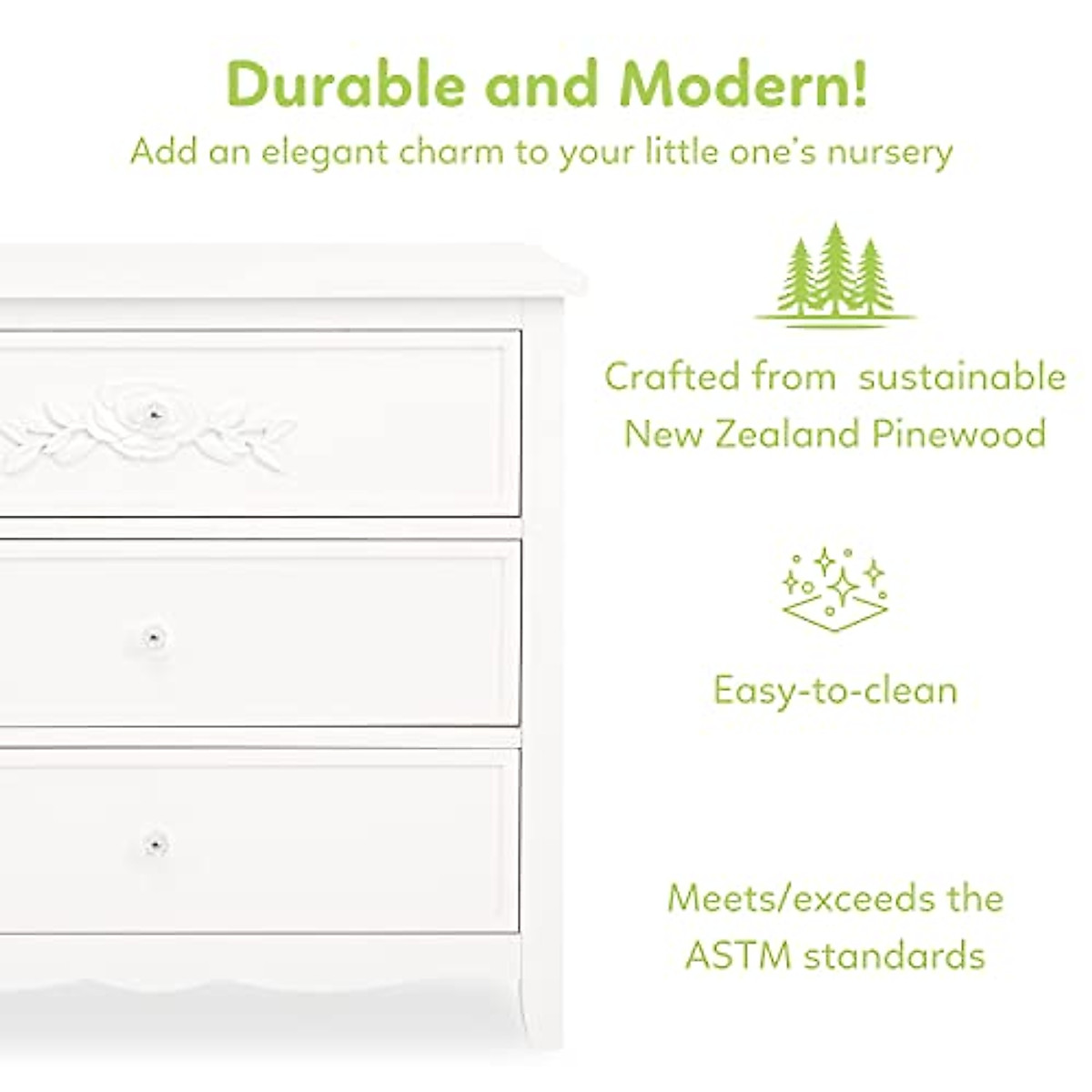 Sweetpea Baby Rose/Tiana Three Drawer Dresser in Ivory Lace, Made of Sustainable, Durable Pinewood, Easy to Assemble, Non-Toxic Finish, Wooden Nursery Furniture