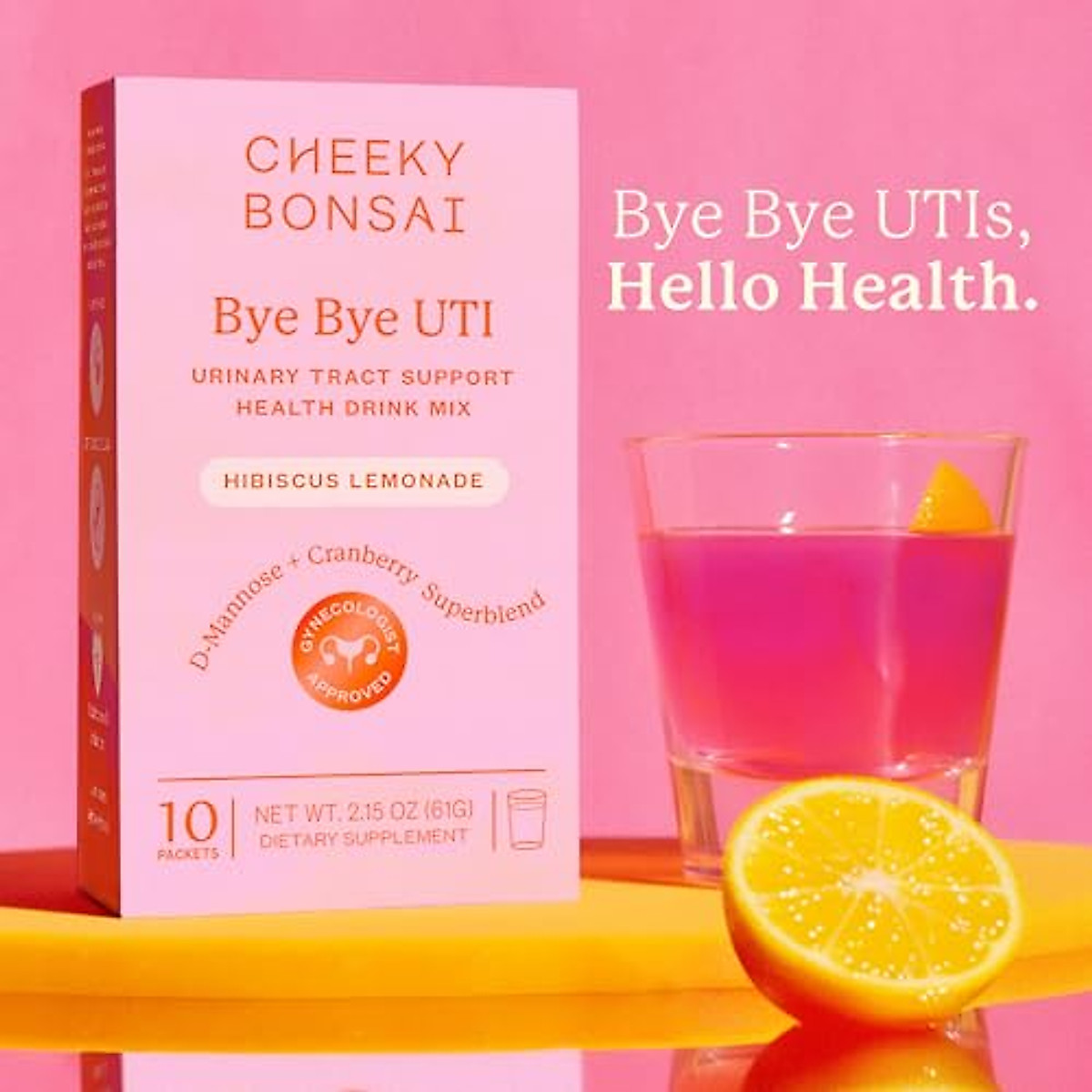 Cheeky Bonsai Bye Bye UTI: Fast Acting UTI Relief Drink Mix with D-Mannose and Cranberry Extract, Urinary Tract Support Health, Hibiscus Lemonade Flavor (10 Packets) - Vegan, Non-GMO, Quick Relief