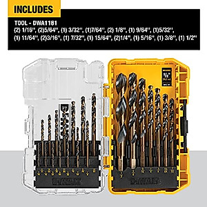 DEWALT Drill Bit Set, 21-Piece, 135 Degree Split Point, 31 Degree Helix, Black Oxide Coated, For Plastic, Wood and Metal (DWA1181)