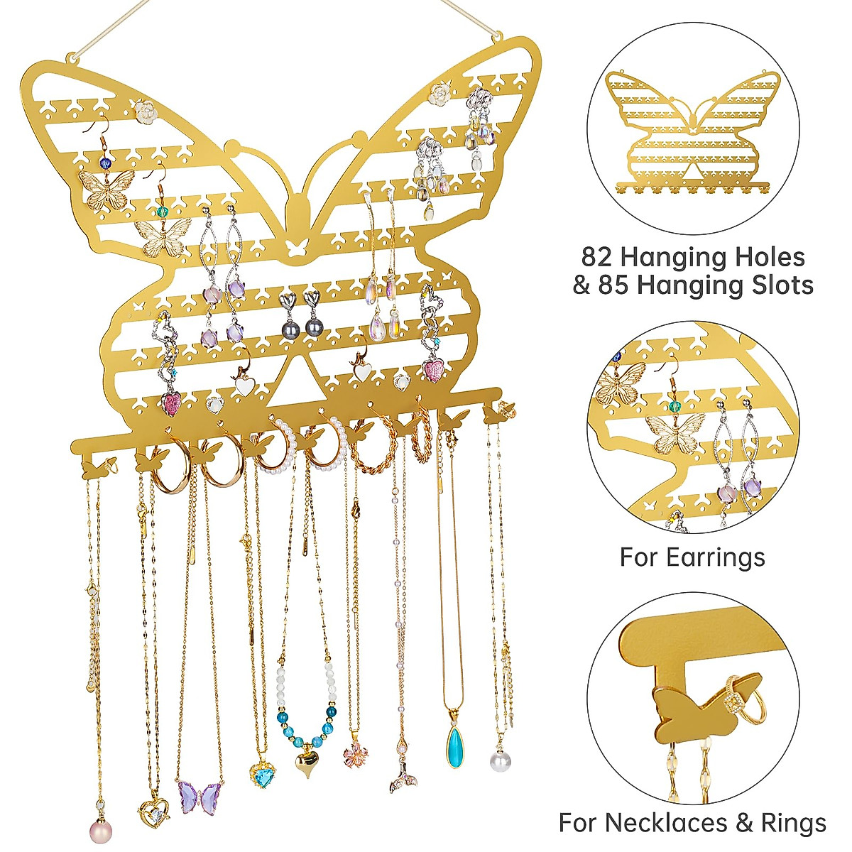 NiHome Butterfly Wall Mounted Jewelry Organizer, Decorative Metal Earring and Necklace Holder for Bedroom, Vanity, or Closet, Stylish Organizer with Easy Hanging for Fashion Lovers (Gold)