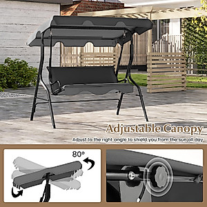 RELAX4LIFE 3-Person Porch Swing Chair - Outdoor Swing w/Adjustable Canopy, Removable Cushion & Metal Frame Stand, 3 Seat Swing Bench for Backyard Garden Poolside, Patio Swing for Adults (Grey)
