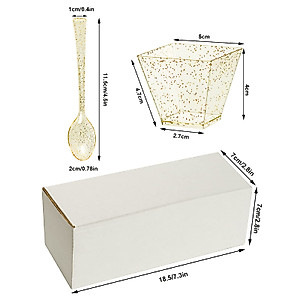 Tongcloud 25 Set Mini Plastic Dessert Cups with Spoons Gold Glitter Square Small Dessert Cups Disposable Gold Glitter Plastic Bowls with Mini Spoons Great for Party Desserts Appetizers