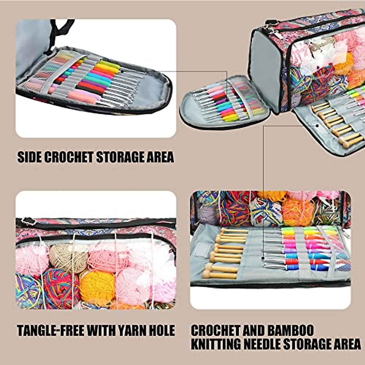 Looen Crochet Bag, Yarn Storage Tangle Free with Yarn Hole, Knitting Bag for Crochets Bamboo Knitting Needles and Yarns(Orange Cashew)