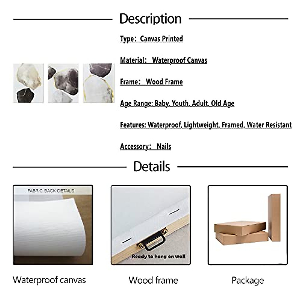 Stone Zen Nature Themed Prints Artwork Rock With Golden edge Canvas Wall Art Home Decoration for Bedroom Living Room Bathroom Painting