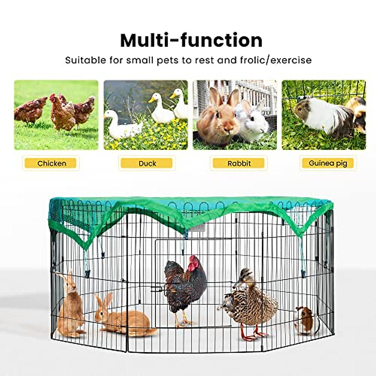 DEStar 8 Panel Foldable Outdoor Backyard Metal Coop Chicken Cage Enclosure Duck Rabbit Cat Crate Playpen Exercise Pen with Weather Proof Cover