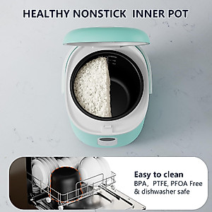 POKAPOKA Mini Rice Cooker 2 Cup Uncooked, Small Travel Rice Cooker with Portable Handle, 24-H Timer Delay, LED Display, 1.2L Non-stick Inner Pot, Aqua