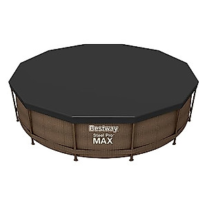 Bestway Flowclear PVC Round 12 Foot Pool Cover for Above Ground Frame Pools with Drain Holes and Secure Tie-Down Ropes, Black (Cover Only)