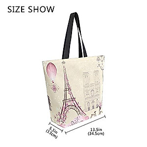 ZZKKO Paris Love Canvas Tote Grocery Bag Shoulder Casual Book Bag Large for Women Teachers, Eiffel Towel Cotton Bag Shopping Purse Handbag Reusable Multipurpose Use