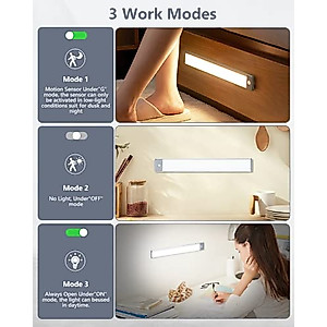 3 Color Temperatures Motion Sensor Closet Light, 60-LED Under Cabinet Lighting, Wireless USB Rechargeable Battery Powered Operated Lights, Magnetic Motion Activated Kitchen Cupboard Night Light-2 Pack