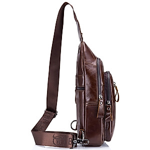 BULLCAPTAIN Mens Sling Bag Genuine Leather Chest Shoulder Backpack Crossbody Outdoor Travel Casual Daypack (brown), Medium