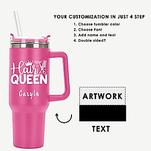 LifGif Hair Queen Personalized Tumbler 40 oz Laser Engraved, Insulated Cup with Handle, Lid and Straw, Custom Tumbler Hairdresser, Barber, Beauty Salon, Hair Stylists Stainless Steel Coffee Cup