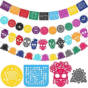 HOWAF 42pcs Day of The Dead Papel Picado Banner, Felt Dia De Los Muertos Sugar Skull Marigold Hanging Garland for Mexican Dia de Los Muertos Altar Decor, Colorful Cinco De Mayo Flag Banner
