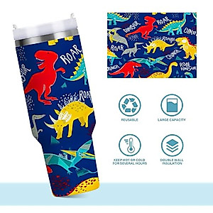 RPLIFE Colorful Dinosaurs Blue 40oz Tumbler with Handle, Stainless Steel Coffee Mug, Insulated Water Bottle with Straw