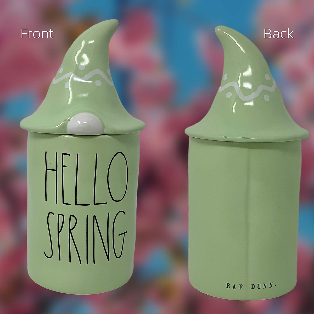 RAE Dunn Green Garden Mint Scented Candle "Hello Spring" Spelled with Rae Dunn Style Using LL Font - Super Cute Gnome Hat Lid - Add This Candle to Your Rae Dunn Collection and Home Kitchen Décor