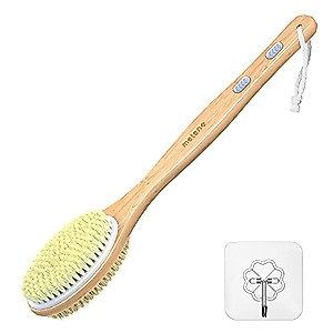 Metene Bamboo Body Brush with Stiff and Soft Natural Bristles, Back Scrubber for Shower with Long Handle, Dual-Sided Brush Head for Wet or Dry Brushing, Exfoliating Skin and Clean The Body Easily