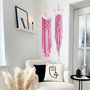 Dream Catchers Star Moon Dream Catcher Pink Room Decor, Macrame Dream Catcher Girls Teenager Bedroom Wall Decor,Boho Dream Catcher Girls Room Decor Teen Girl Gifts for Women Birthday Gifts Mother Day