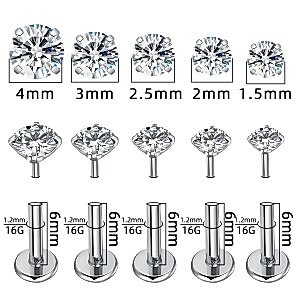 10Pcs 16G 18G 20G Threadless Push in Lip Rings Studs, CZ Lip Studs Stainless Steel Cartilage Earrings for Women, Stainless Steel, cubic zirconia