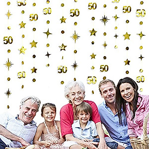 Gold 50th Birthday Decorations Number 50 Circle Dot Twinkle Star Garland Metallic Hanging Streamer Bunting Banner Backdrop for 50 Year Old Birthday Happy 50th Anniversary Fiftieth Party Supplies