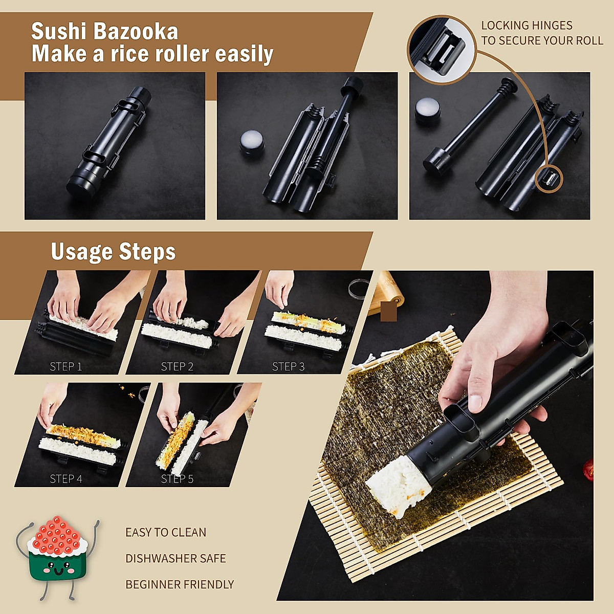 YDGFUHM Deluxe Sushi Making Kit 25-in-1 Bazooka Roller Set, Bamboo Mat,Knife,Sauce Tray,Japanese Sashimi Sushi Bamboo Serving Geta Plate,and More - Perfect for Beginners
