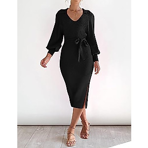 Chriselda Black Sweater Dress for Women Casual Long Sleeve V Neck Side Slit Knit Ribbed Midi Bodycon Dresses Winter Wedding Guest Dresses,Black, M