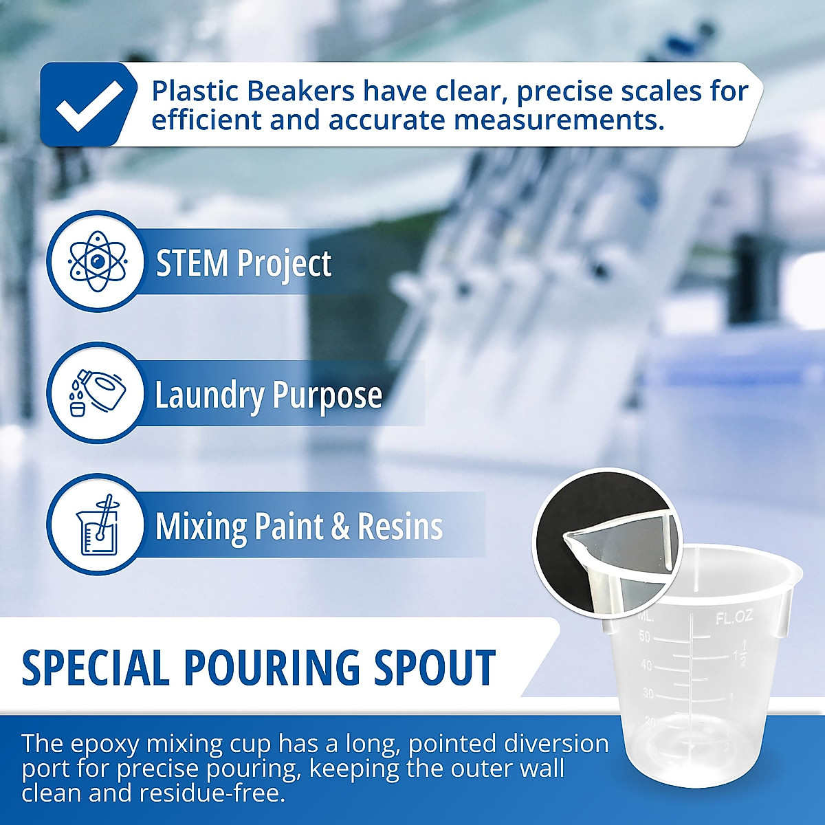 Plastic Beaker 50ml / 1.69 oz Set of 100 by Maryland Plastics – Clear Graduated Disposable Beakers with Easy-Pour Spout – Perfect for Resin Mixing, School Science Experiments, or Home Kitchen Use