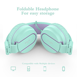 ELECDER i36 Kids Headphones Children Girls Boys Teens Foldable Adjustable On Ear Headphones 3.5mm Jack Compatible Cellphones Computer Kindle MP3/4 School Tablet Green/Purple
