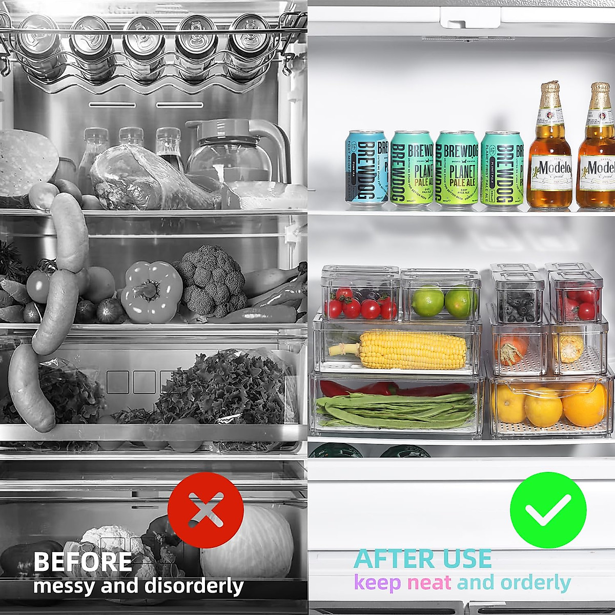 OMNISAFE Refrigerator Organizer Plastic Bins with Lids, Stackable Fridge Pantry Organizer, BPA-Free Fruit & Food Storage Bins for Kitchen, Vegetable, Cereals (10 Pack)