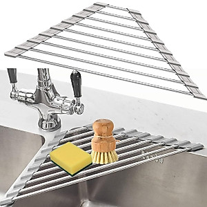 Fafcitvz Triangle Dish Drying Rack Multipurpose Roll-up Drying Rack for Sink Corner Stainless Steel Over The Sink Corner Dish Drainer Mat for Kitchen (Grey)