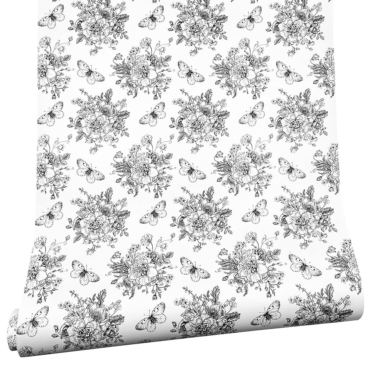 SimpleLife4U Easy Apply Shelf Liner Removable Furniture Paper Decorative Workspace Organizers Sofa Tables, Black-White Peony Butterfly, 17.7 Inch by 9.8 Feet