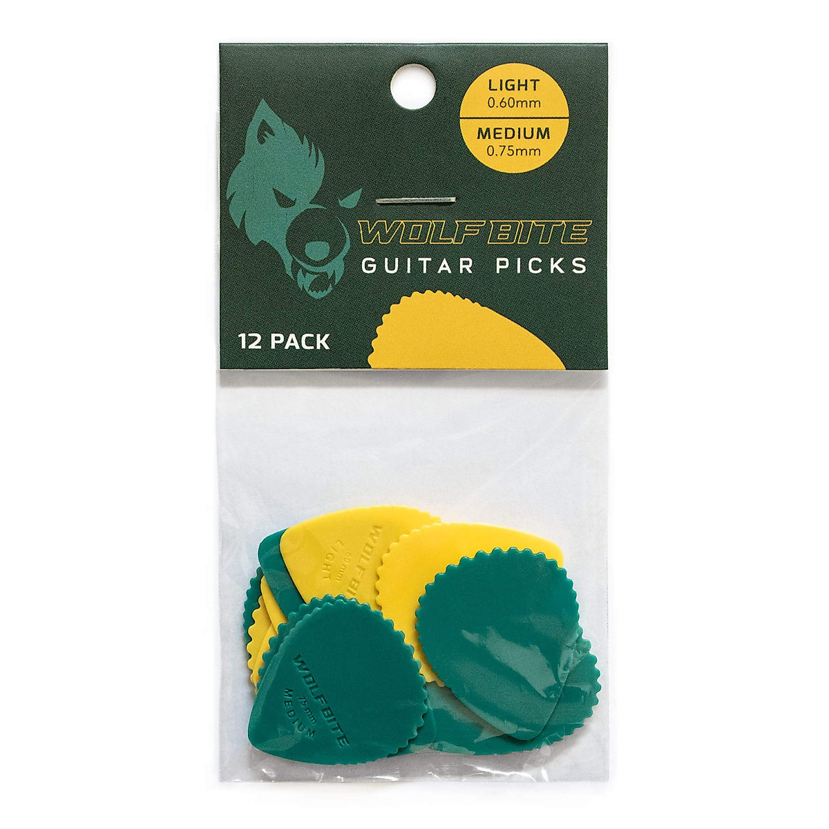 WOLF BITE Guitar Picks | Saw-Toothed Edge Guitar Picks - Medium(.75mm) / Light(.60mm) Variety 12-pack
