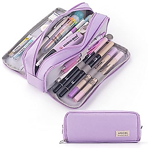 CICIMELON Large Capacity Pencil Case 3 Compartment Pouch Pen Bag for School Teen Girl Boy Men Women (Purple)