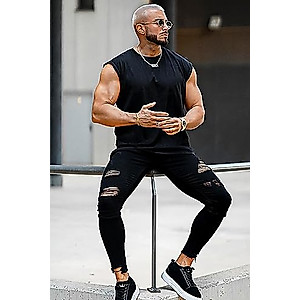 GINGTTO Skinny Fit Stretch Jeans for Men Destroyed Ripped Denim Jeans Black 30