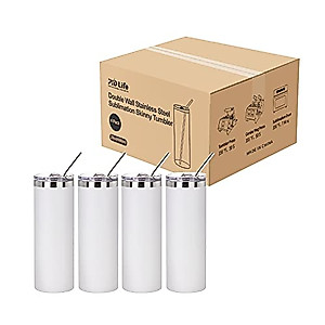 PYD Life Sublimation Blanks Tumbler Skinny Straight Matte White Powder Coating 20 OZ Coffee Stainless Steel Tumbler Cups with Lid and Metal Straw for Tumbler Heat Press 4 Pack