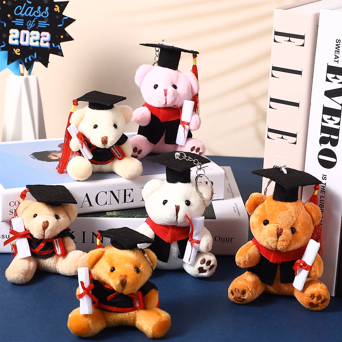 Skylety 6 Pieces Plush Graduation Bears Kindergarten Graduation Stuffed Animal Graduation Bear Graduation Plush Toy with Black Cap and Keychain for Preschool Elementary High School College Graduation