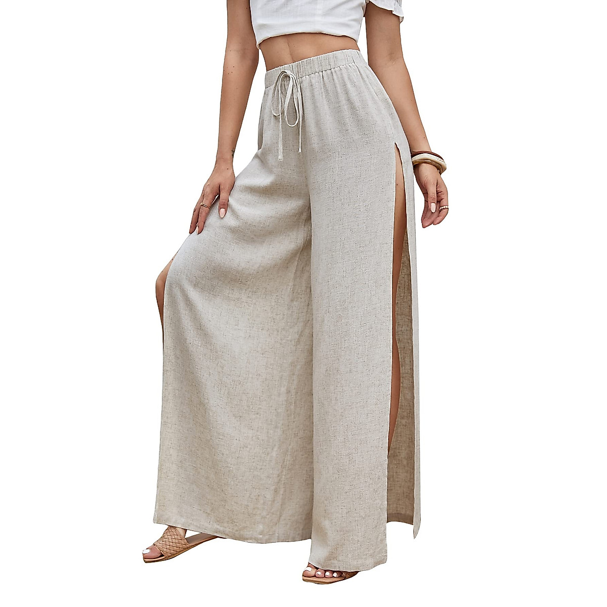 SweatyRocks Women's High Waist Drawstring Split Thigh Wide Leg Palazzo Pants Khaki XL