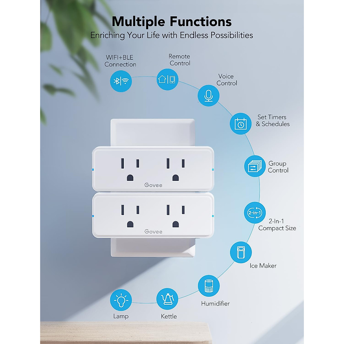 Govee Dual Smart Plug 2 Pack, 15A WiFi Bluetooth Outlet, Work with Alexa and Google Assistant, 2-in-1 Compact Design, Govee Home App Control Remotely with No Hub Required, Timer, FCC and ETL Certified