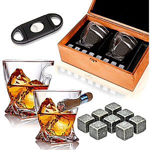 Bezrat Whiskey Cigar Glasses Gift Set - with Side Mounted Cigar Rest - Whisky Chilling Stones and accessories in Wooden Box - Scotch Bourbon Christmas Gift for Dad, Husband, Fathers Day, Birthday