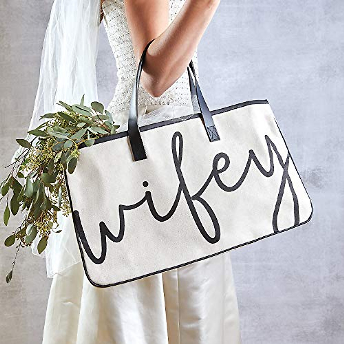 Santa Barbara Design Studio Tote Bag Wedding Collection Black and White 100% Cotton Canvas with Genuine Leather Handles, Large, Wifey