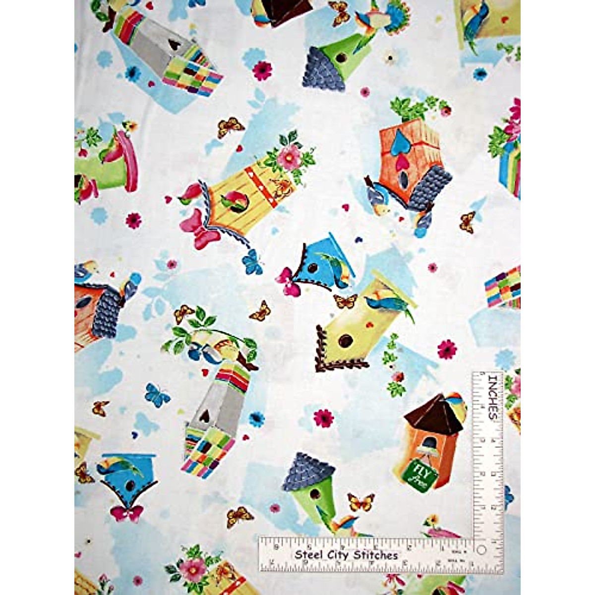 Quality Fabric Birdhouse Butterfly Bird Garden Flower Toss 100% Cotton Fabric QT Blessed The by The Yard